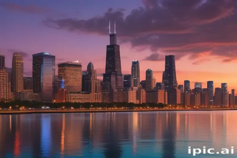 Stunning Sunset Over Chicago Skyline Reflecting on Tranquil Lake Waters