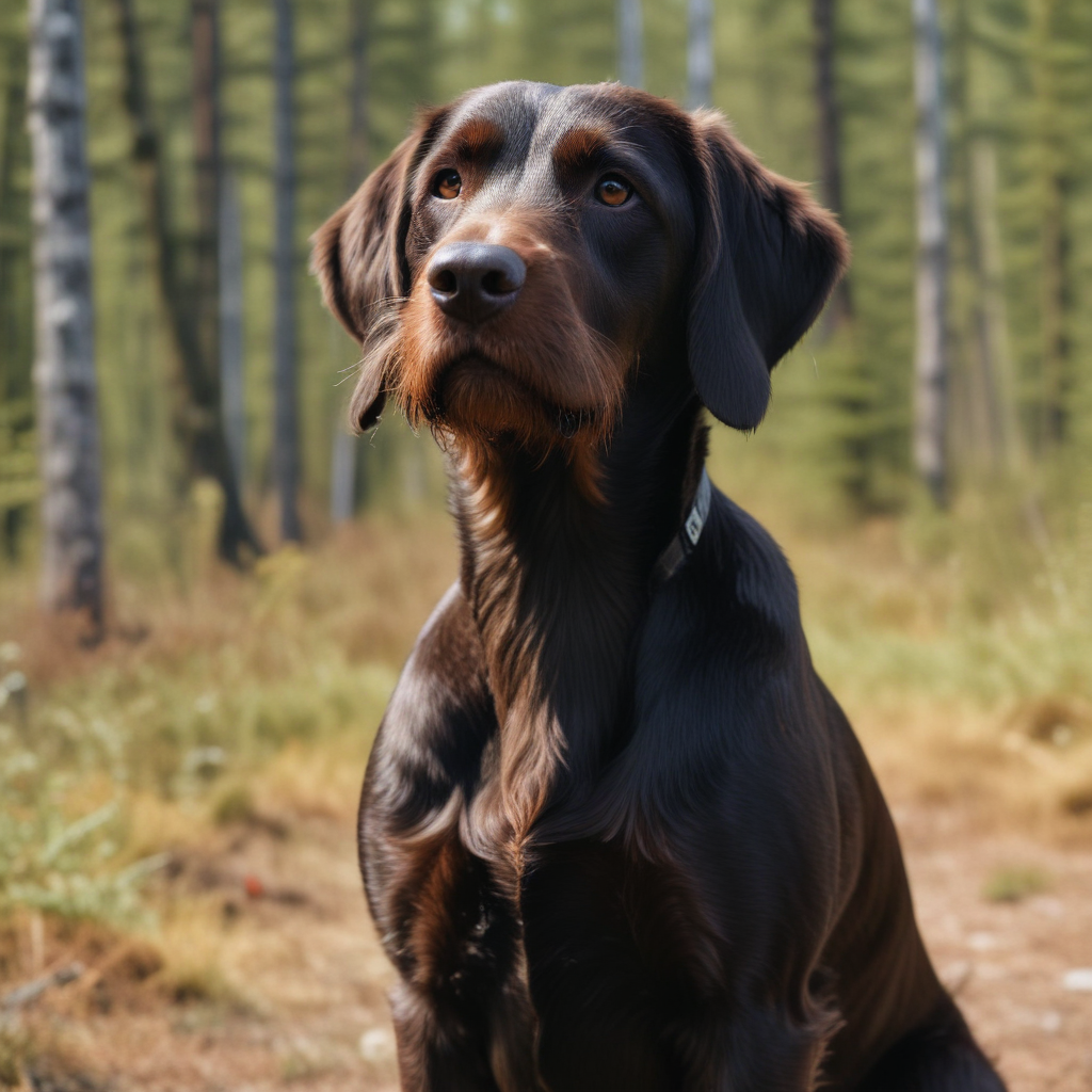 Brown german wirehaired pointer with a white dot in chest pointing ...