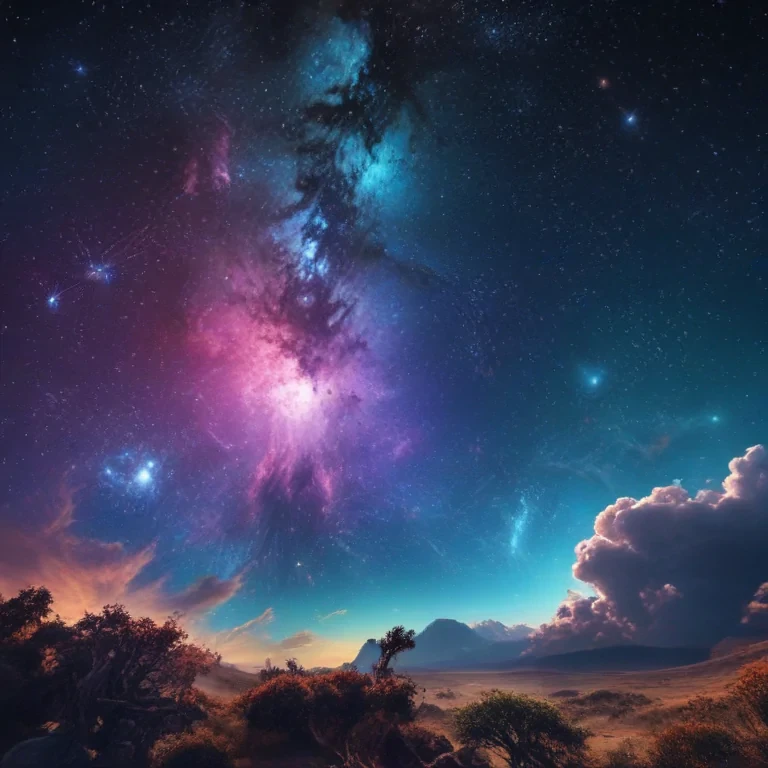 Stunning Cosmic Landscape with Colorful Nebulae and Starry Sky at Dusk