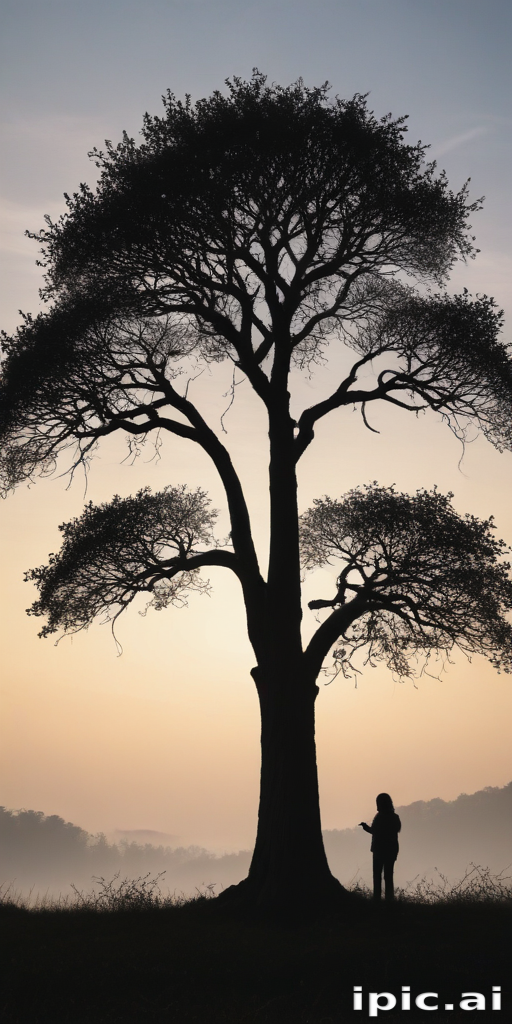 Silhouette of a Person Standing Beneath a Majestic Tree at Dawn