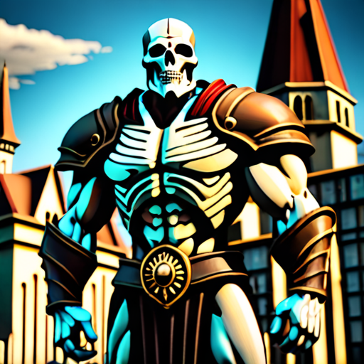 A giant founding titan, with only bones, standing before a medievil city