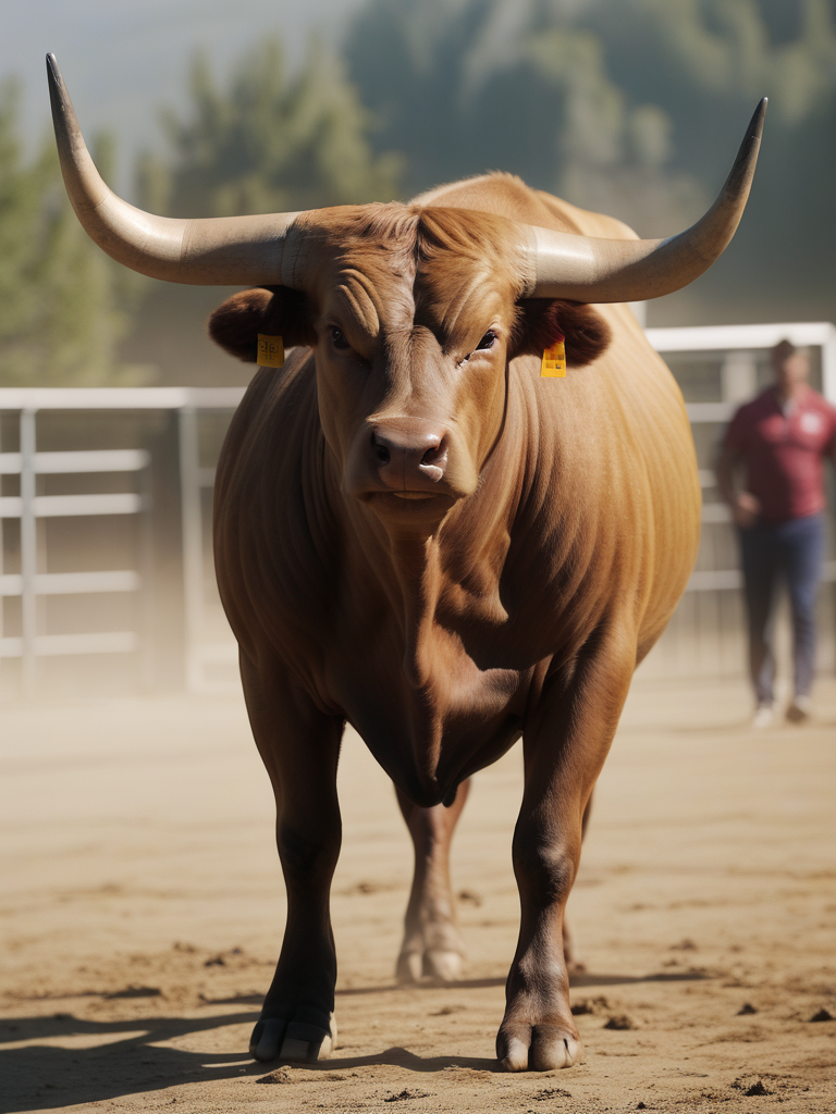 A Majestic Brown Bull Stands Proudly in a Dusty Arena Setting