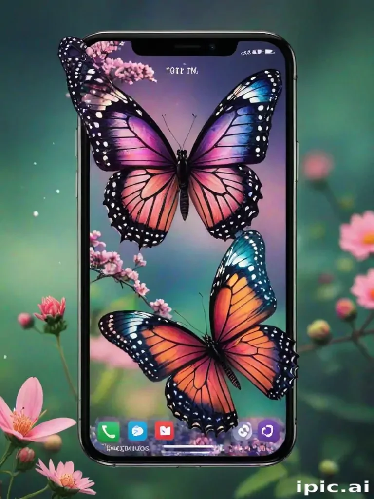 Vibrant Butterfly Wallpaper on a Smartphone Surrounded by Colorful Flowers