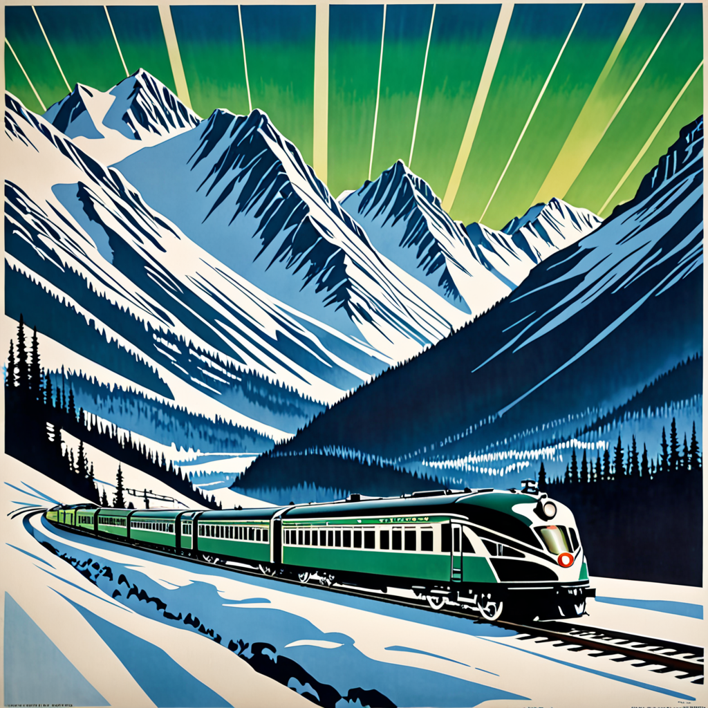 art deco streamline railway corporation poster train with mountains and ...
