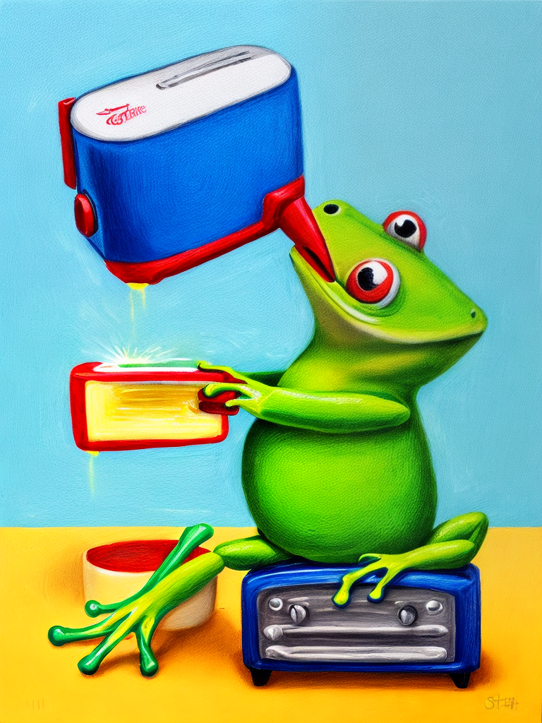 Frog smashing a toaster with a sledgehammer