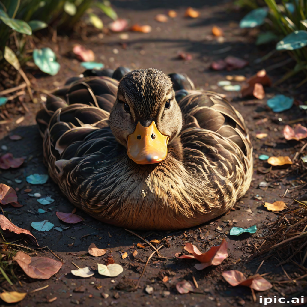 A Serene Duck Resting Among Colorful Autumn Leaves in Nature.