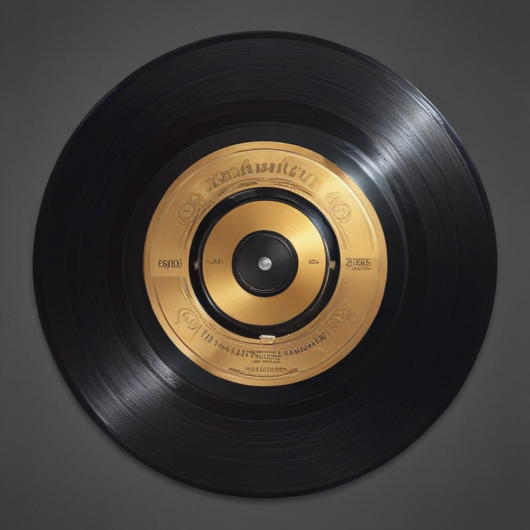 Vintage Vinyl Record with Golden Label Displayed Against Dark Background