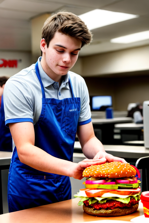 a university student works in a fast food, he makes some sandwiches
