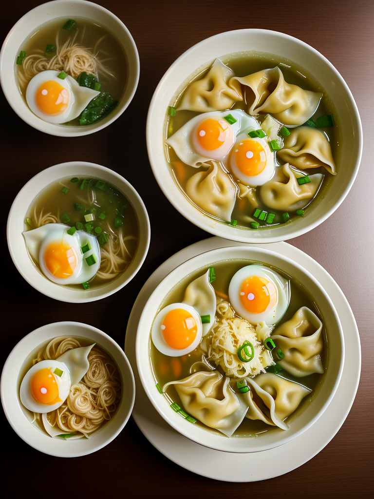 A Delicious Array of Wonton Soup and Soft-Boiled Egg Bowls