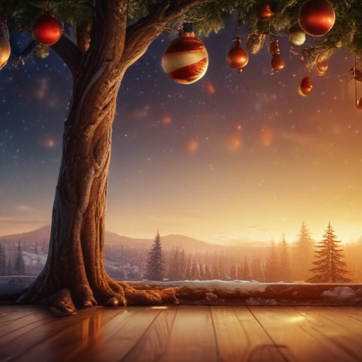 Beautiful Sunset Over a Christmas Tree with Festive Ornaments and Snow