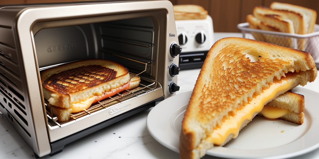 Modern Kitchen Scene Featuring a Sleek Silver Toaster Oven with Bread