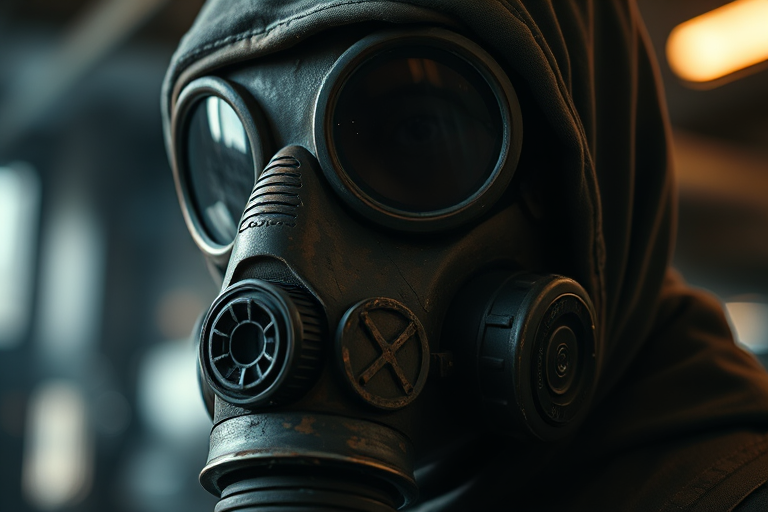 Person Wearing Gas Mask in a Dimly Lit Industrial Environment