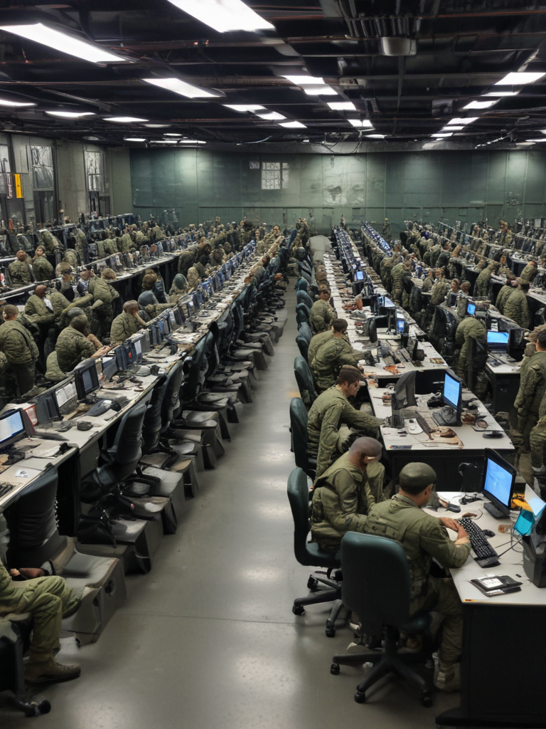 Giant sci-fi computer room with army men