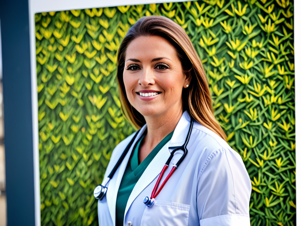 A PICTURE OF A NURSE ON A BILLBOARD THAT SAYS BEYOND CARE SCRUBS