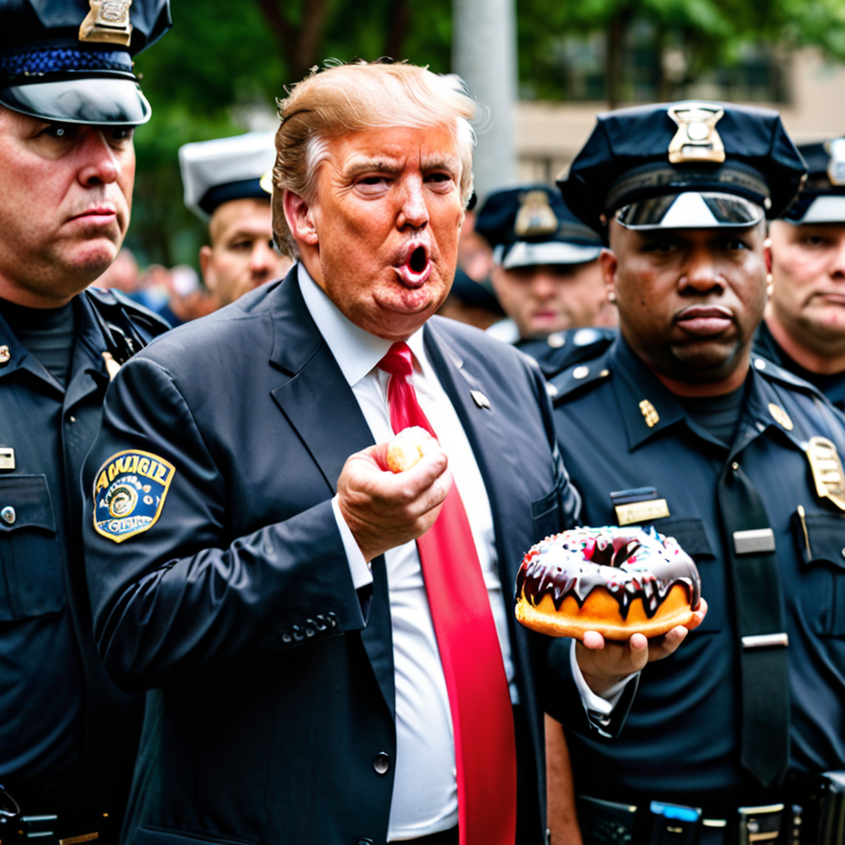 Donald Trump eating a donut in front of angry cops