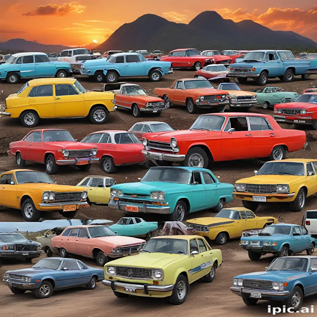 A Colorful Collection of Classic Cars Against a Scenic Sunset Background