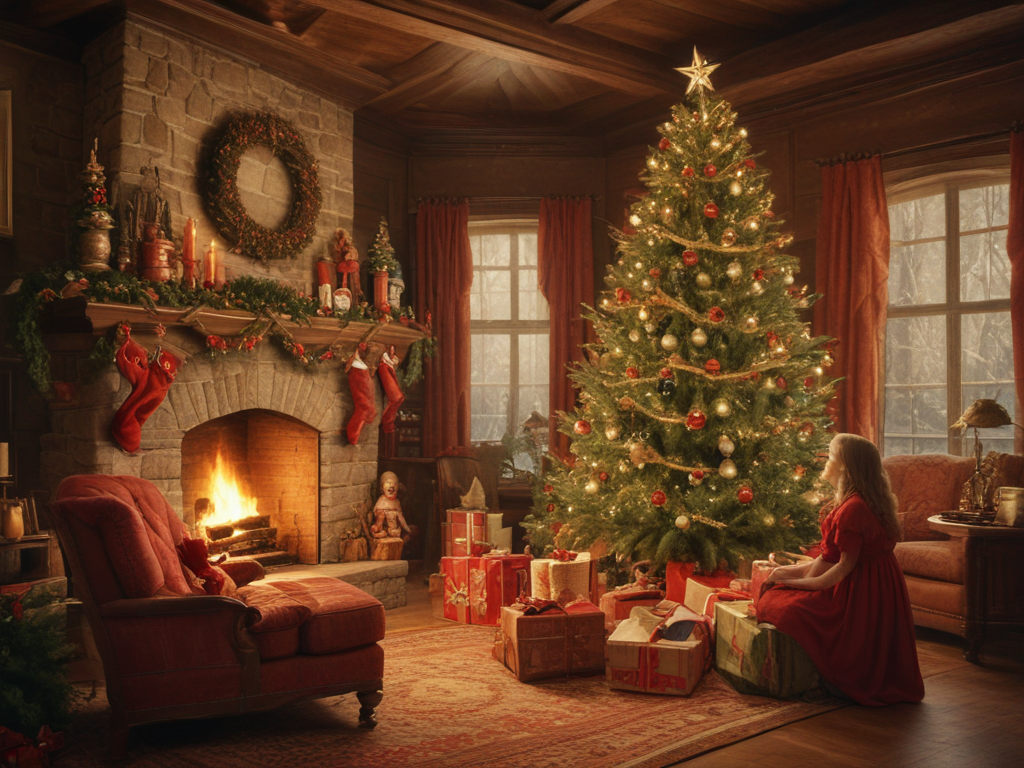 Cozy Christmas Scene with a Beautiful Tree and Warm Fireplace Glow