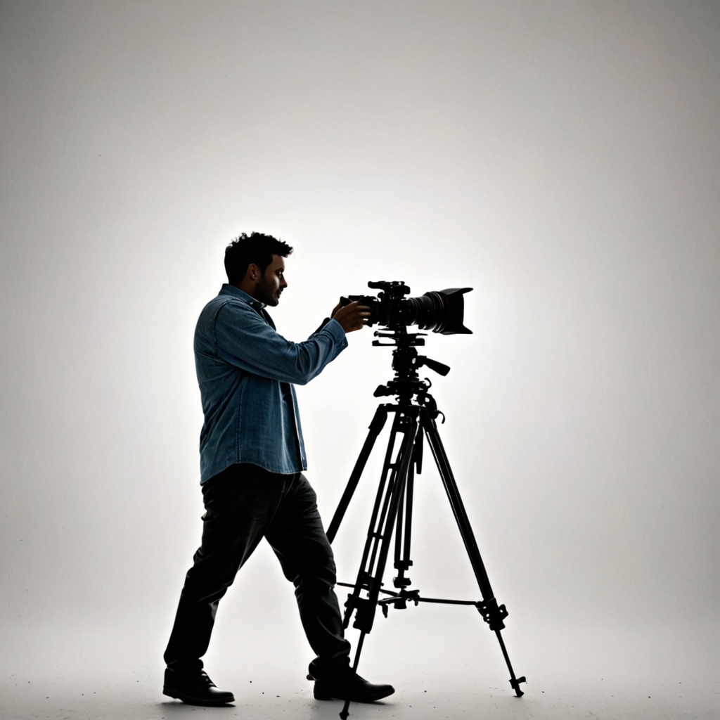 full body side view silhouette of a single cinematographer looking thru ...