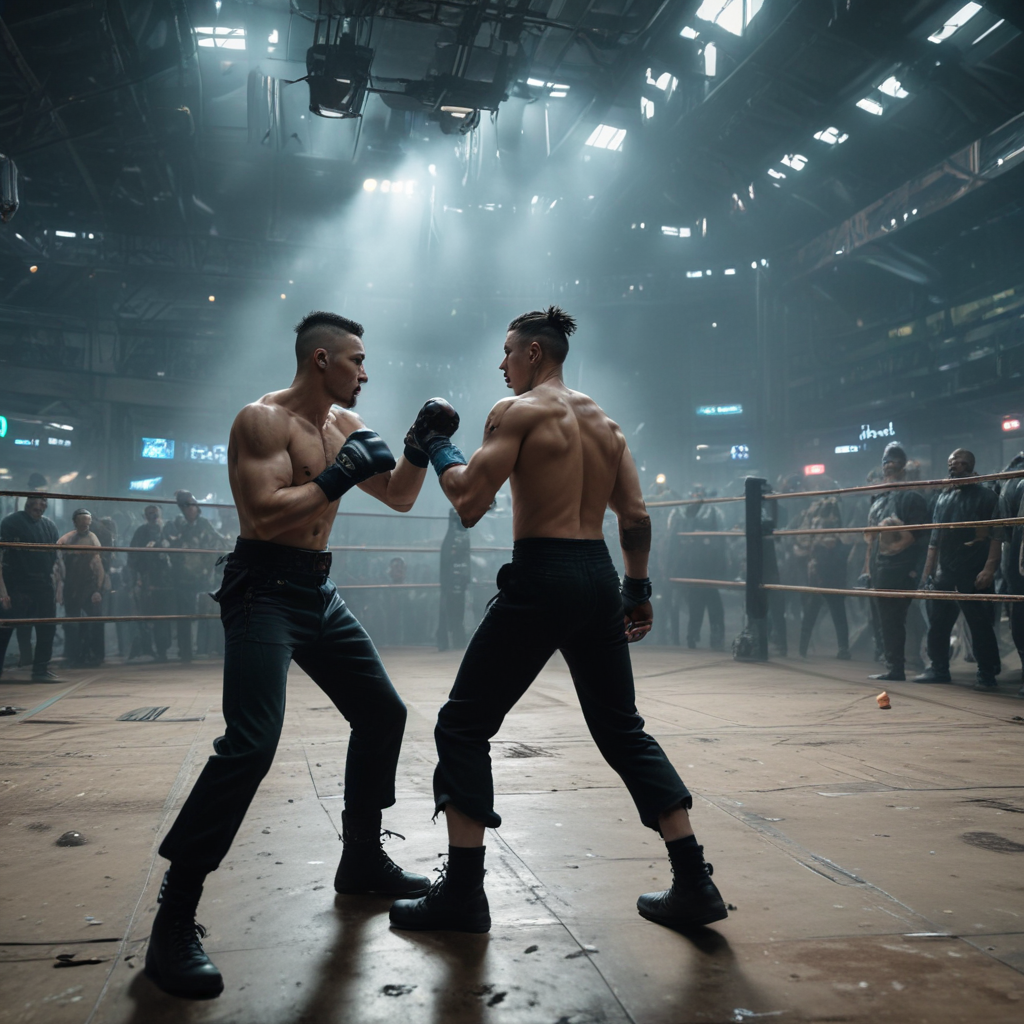 two men fighting in the ring, large hall, many people, photo from afar ...