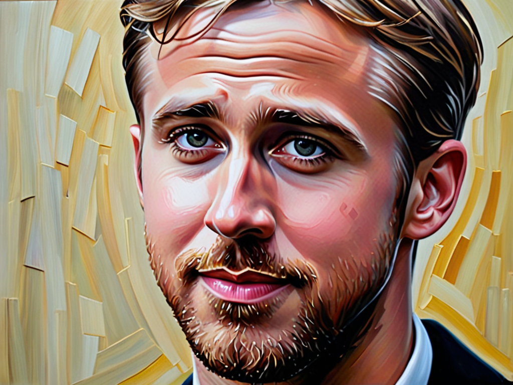 Low angle, close-up face, ryan gosling, up-turned chin looking down on ...