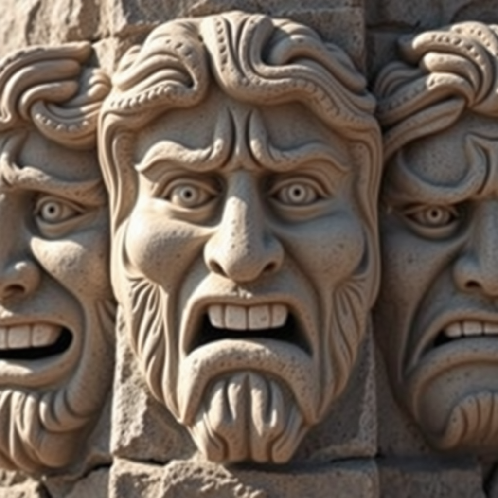 Create a high-resolution image of three expressive faces carved in ...