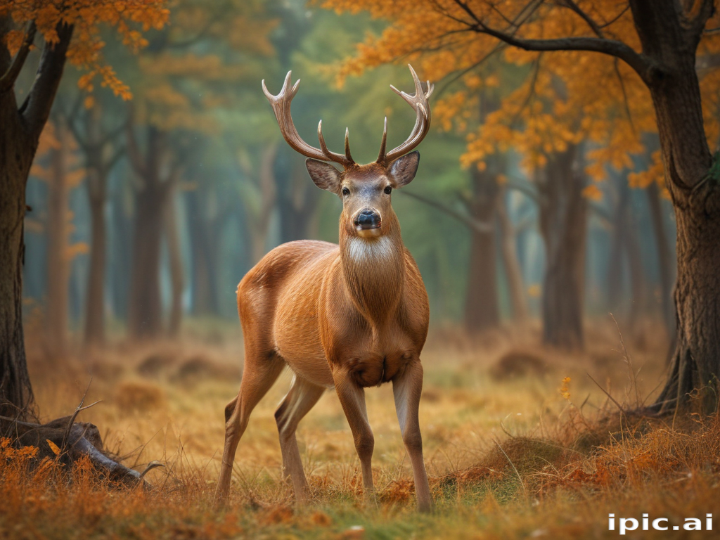 Majestic Stag Standing Proudly Amidst Autumn Trees and Golden Foliage.