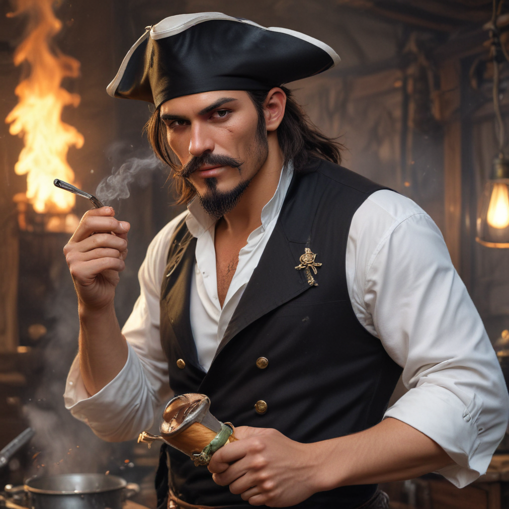 pirate chef, rugged, smoker, fantasy, anime style