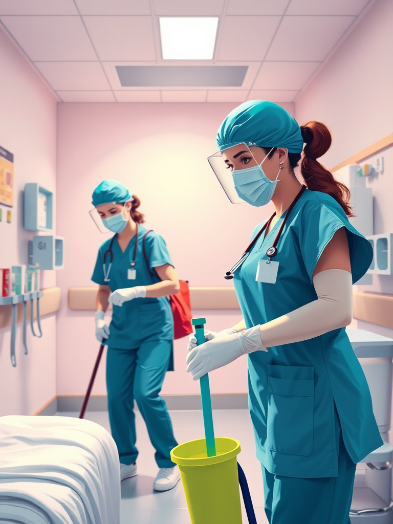 Medical Staff in Scrubs Cleaning Hospital Room for Patient Safety and ...