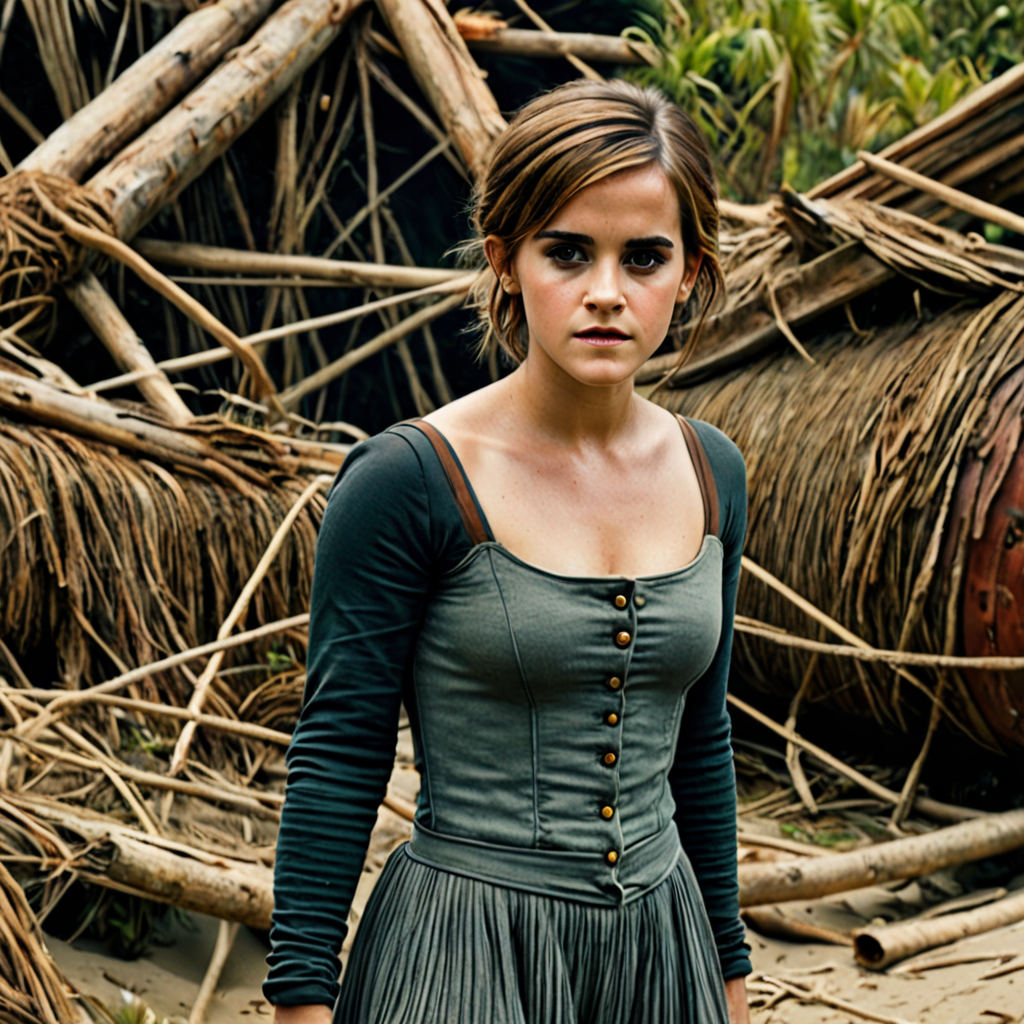hyper realistic Emma Watson, shipwrecked, full body shot