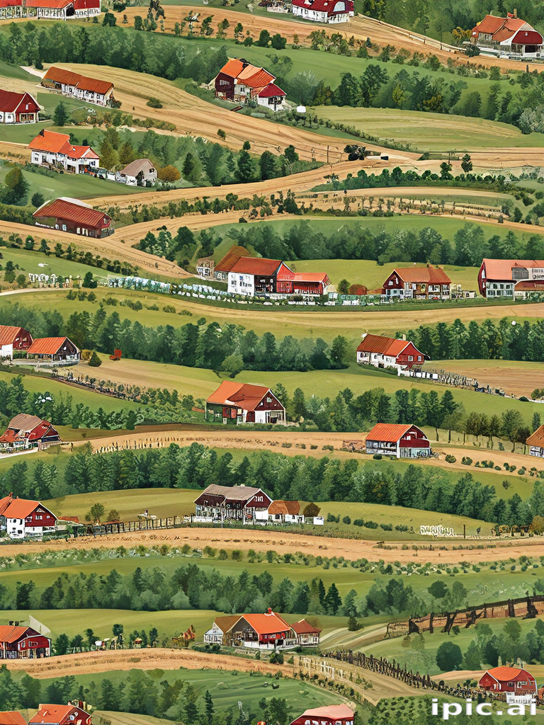 Charming Countryside Scene Featuring Winding Roads and Cozy Farmhouses