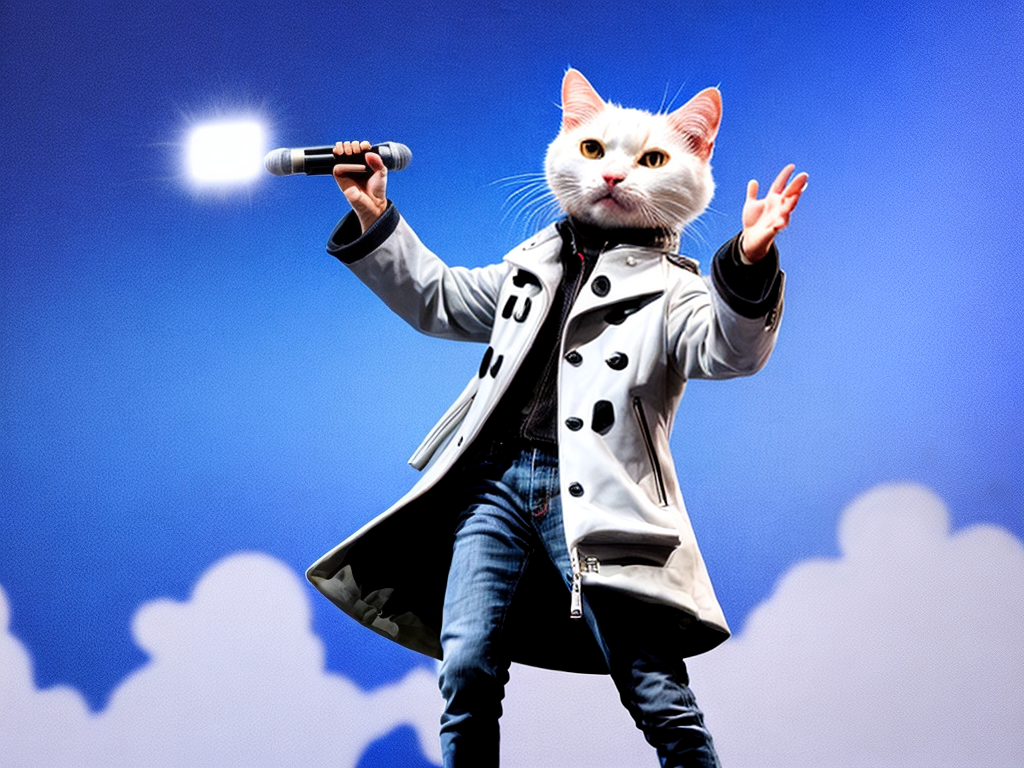 white cat in a shiny jacket singing into a microphone on a stage