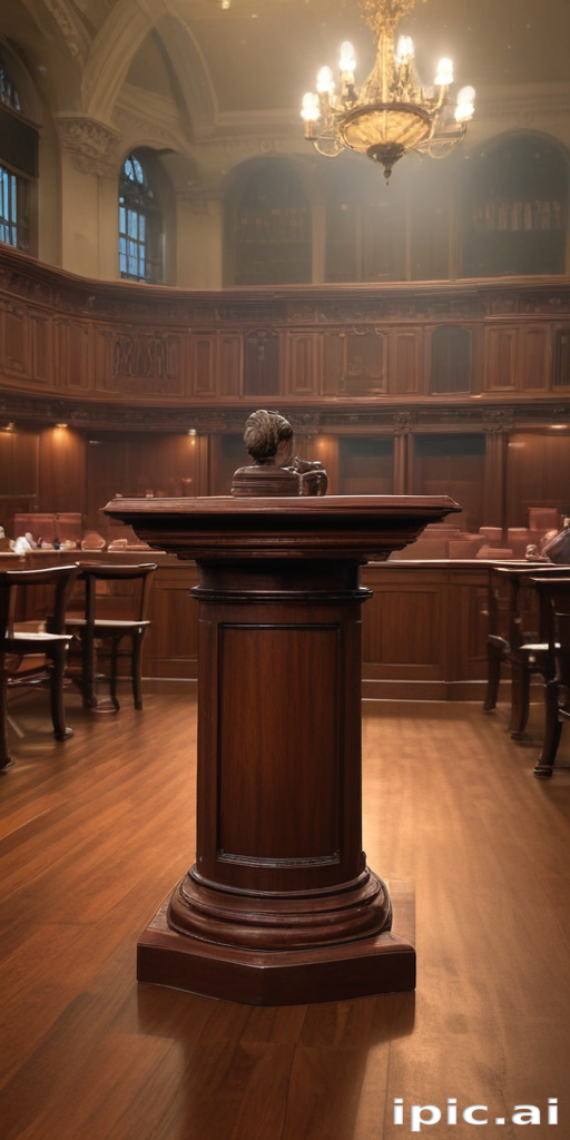 A Grand Courtroom Setting Featuring an Elegant Wood Podium and Chandelier