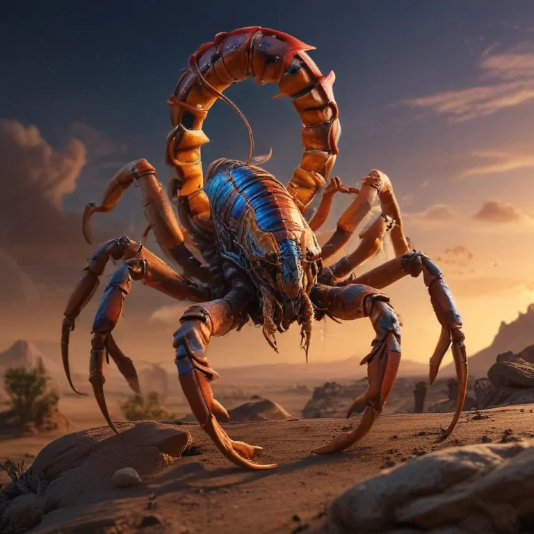 A Majestic Desert Scorpion with Vibrant Colors Against a Stunning Sunset