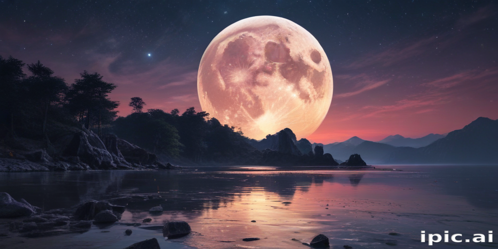 A Serene Night Landscape Featuring a Massive Moon Over Tranquil Waters.