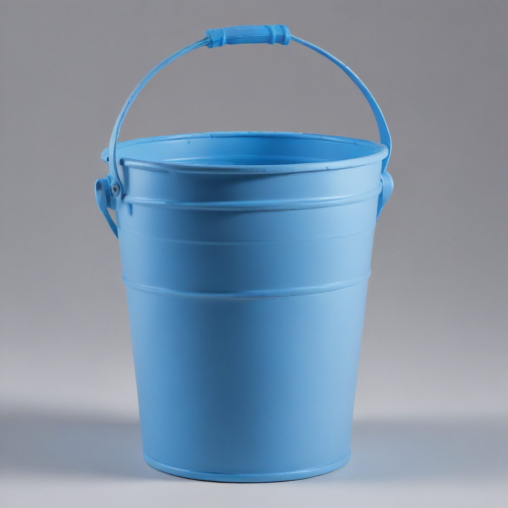 generate a realistic light color blue (((bucket))) tipped forward with ...