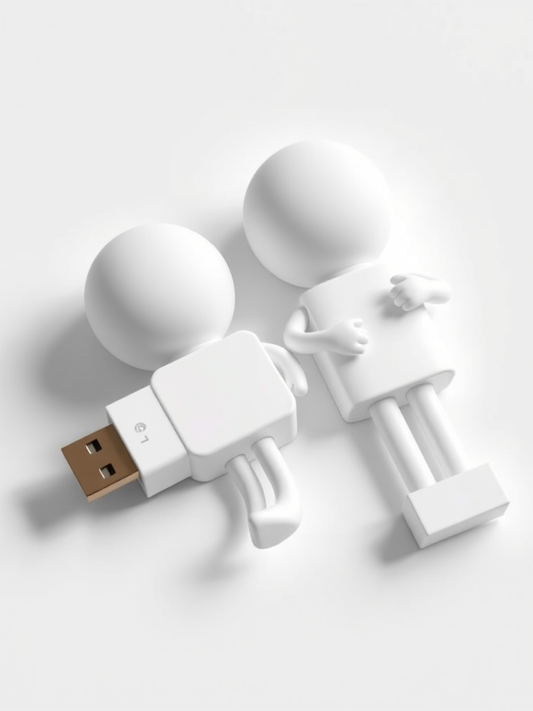 Two Playful White Figurines with a USB Connector for Creative Tech Fun