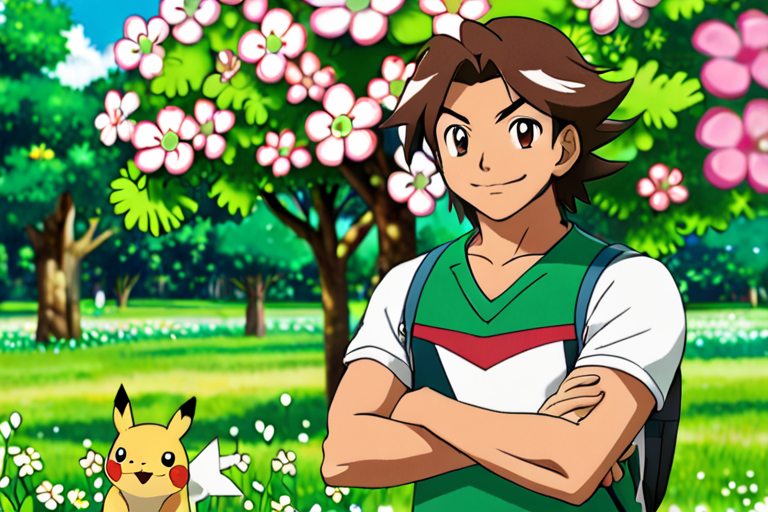 male Pokemon trainer, asian, mullet, smile, brown eyes, green shirt ...
