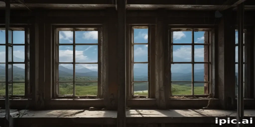Abandoned Building Windows Framing a Scenic Mountain Landscape Beyond