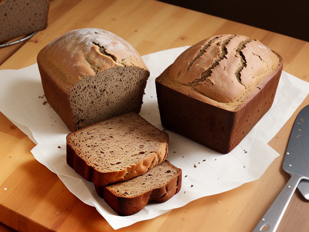 Freshly Baked Loaves of Whole Grain and Rye Bread on Table
