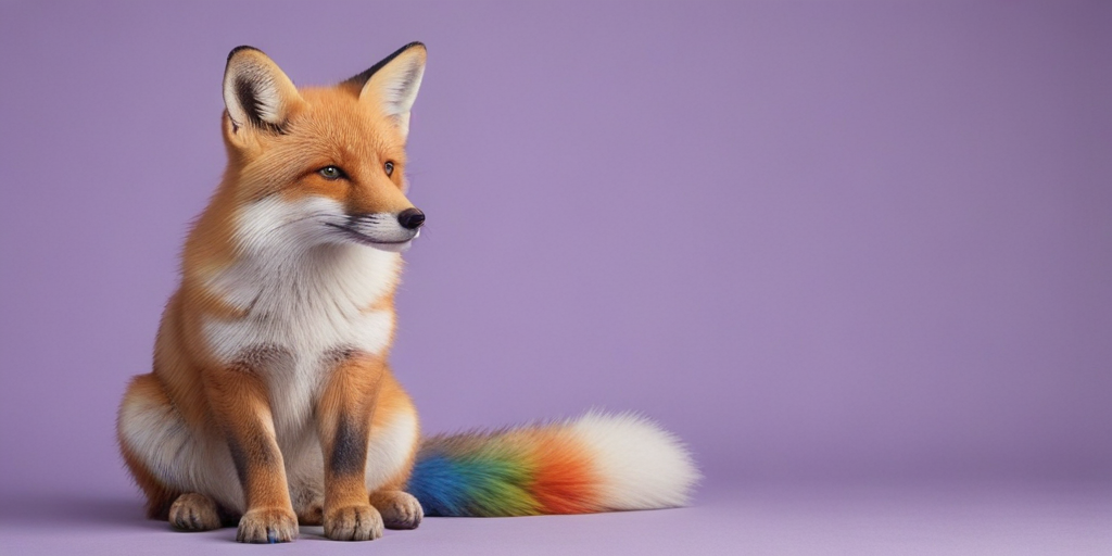 An abstract fox with rainbow color tail, sitting, with a lavender color ...