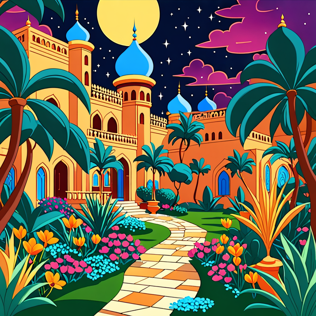 Garden of the Sultan of Agrabah from the cartoon Aladdin. Night. Flat ...