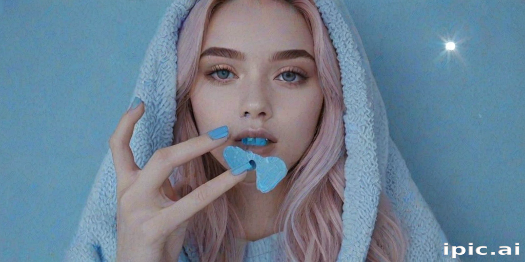 Dreamy Blue Aesthetic: Young Woman with Pink Hair and Candy