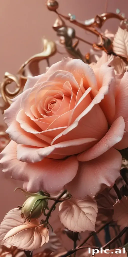 Delicate Peach Rose Surrounded by Elegant Golden Vines and Leaves