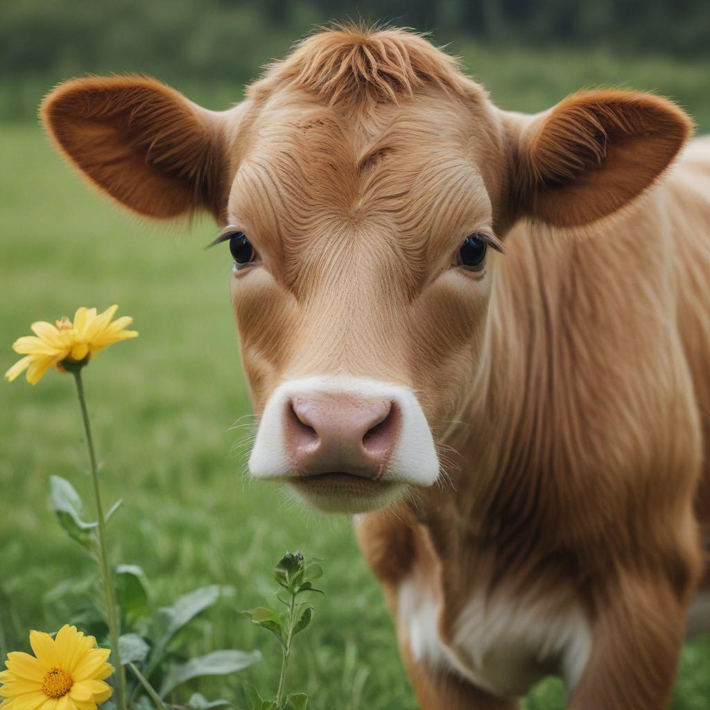 Baby cow smelling a flower