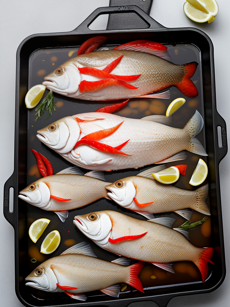 Freshly Prepared Fish Arranged Elegantly with Herbs and Citrus Garnishes