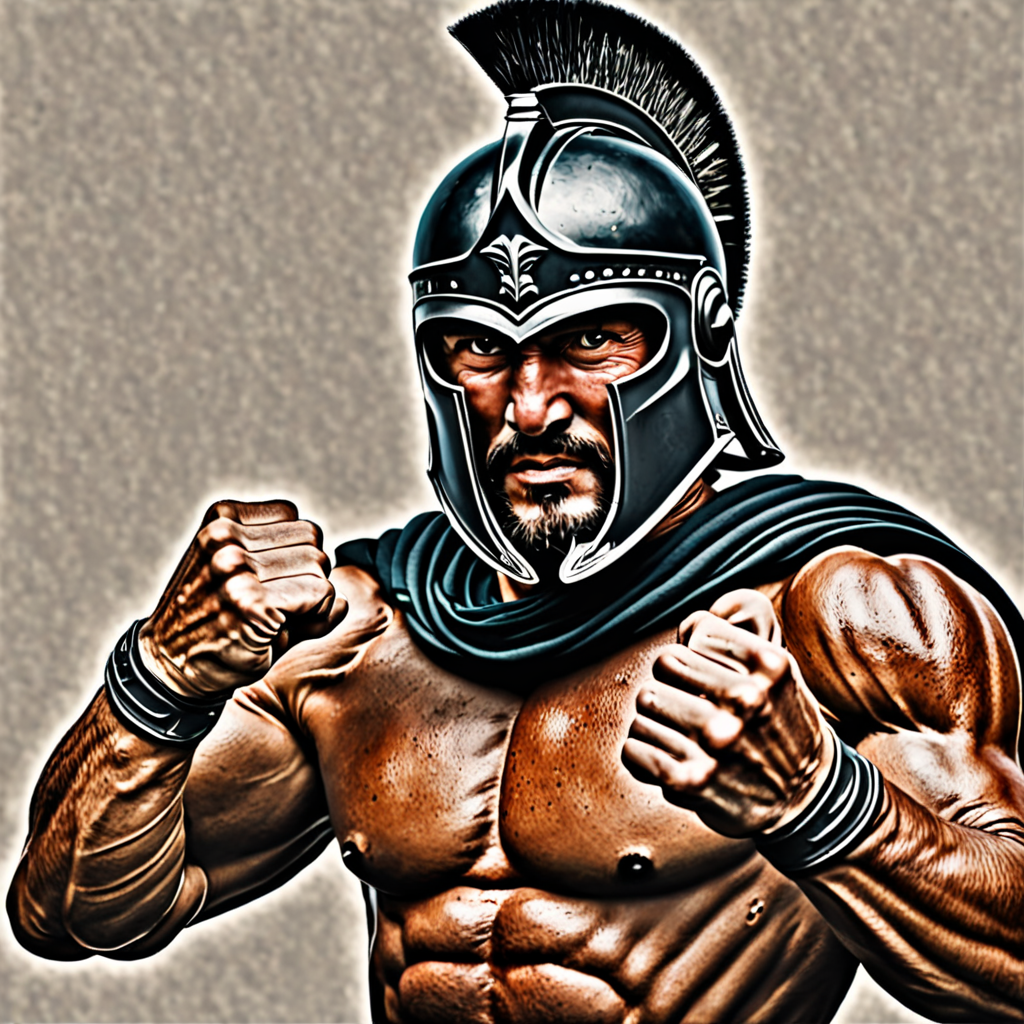 realistic portrait of an ancient Spartan Warrior showing his fists