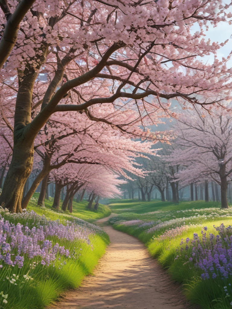 Blossoming Cherry Trees Lining a Serene Pathway Through a Vibrant Meadow