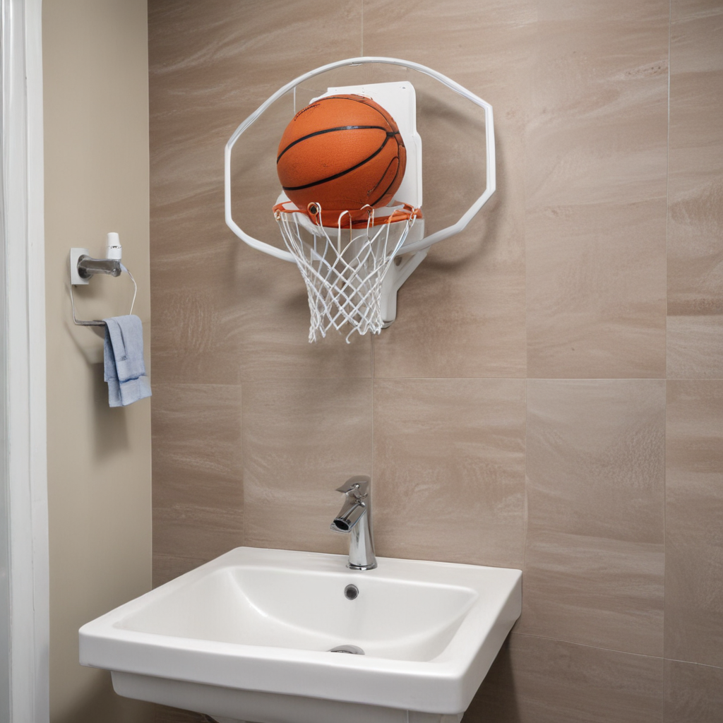 basketball hoop in bathroom with a toothbrush on the sink