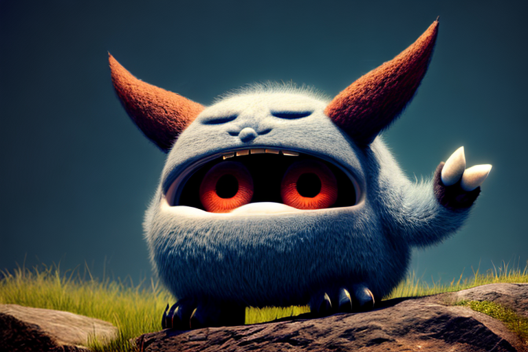 fluffy cute eyes fat monster with teeth in a cave with horns