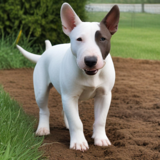A Playful Bull Terrier Puppy Enjoying Time Outdoors in a Sunny Garden